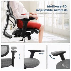 Ergonomic Office Chair, High Back Desk Chair, Swivel Mesh Computer Task Chair with Dynamic Lumbar Support, Tilt Function, Executive Home Office Chair with 3D Adjustable Headrest and Armrests, Grey