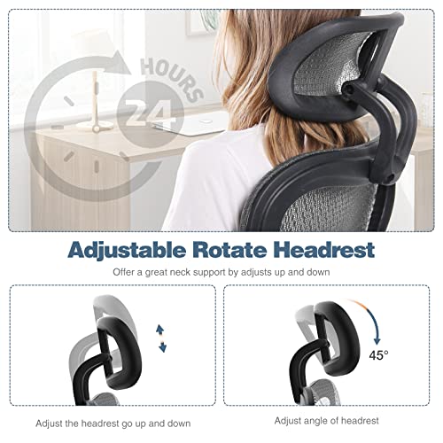 Ergonomic Office Chair, High Back Desk Chair, Swivel Mesh Computer Task Chair with Dynamic Lumbar Support, Tilt Function, Executive Home Office Chair with 3D Adjustable Headrest and Armrests, Grey