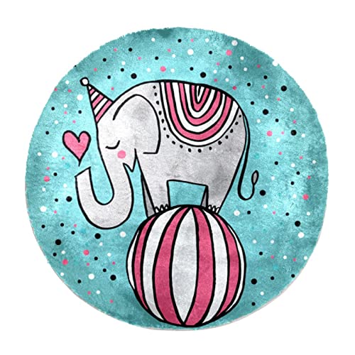 Cute Circus Elephant Playing Ball Rug Non-Slip Round Area Rug for Bedroom Living Room Study Playing, Nautical Carpet Floor Mat