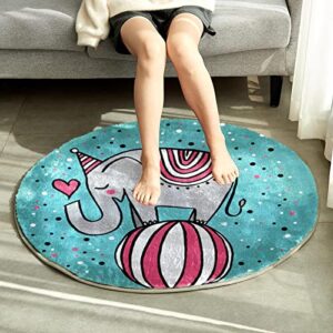 Cute Circus Elephant Playing Ball Rug Non-Slip Round Area Rug for Bedroom Living Room Study Playing, Nautical Carpet Floor Mat