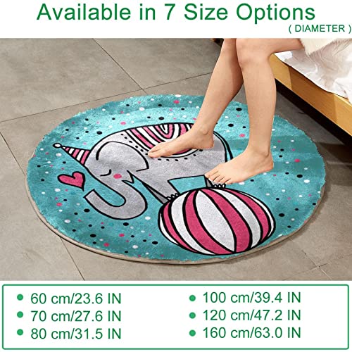 Cute Circus Elephant Playing Ball Rug Non-Slip Round Area Rug for Bedroom Living Room Study Playing, Nautical Carpet Floor Mat