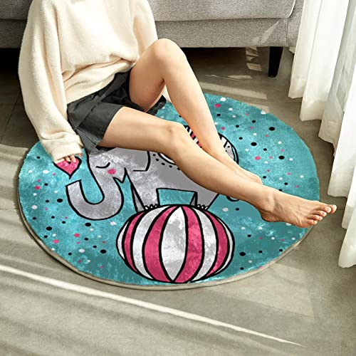 Cute Circus Elephant Playing Ball Rug Non-Slip Round Area Rug for Bedroom Living Room Study Playing, Nautical Carpet Floor Mat