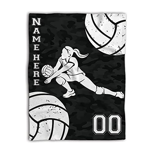 OhaPrints Custom Volleyball Black Camo Volleyball Girl Personalized Name Number Soft Sherpa Throw Blankets Cozy Fuzzy Fleece Throws for Tv Sofa Couch Comfy Fluffy Blanket 30X40 50X60 60X80