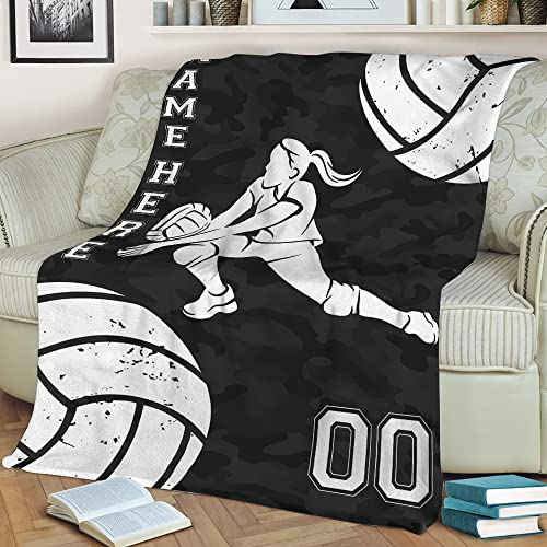 OhaPrints Custom Volleyball Black Camo Volleyball Girl Personalized Name Number Soft Sherpa Throw Blankets Cozy Fuzzy Fleece Throws for Tv Sofa Couch Comfy Fluffy Blanket 30X40 50X60 60X80