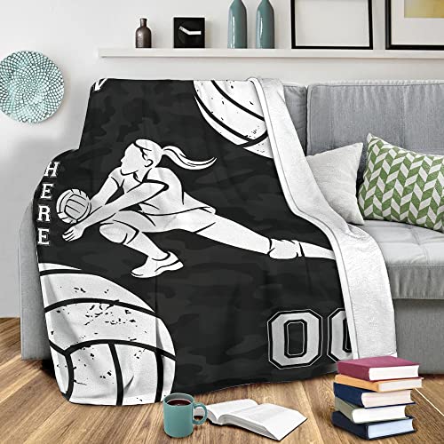 OhaPrints Custom Volleyball Black Camo Volleyball Girl Personalized Name Number Soft Sherpa Throw Blankets Cozy Fuzzy Fleece Throws for Tv Sofa Couch Comfy Fluffy Blanket 30X40 50X60 60X80