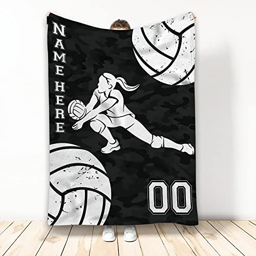 OhaPrints Custom Volleyball Black Camo Volleyball Girl Personalized Name Number Soft Sherpa Throw Blankets Cozy Fuzzy Fleece Throws for Tv Sofa Couch Comfy Fluffy Blanket 30X40 50X60 60X80