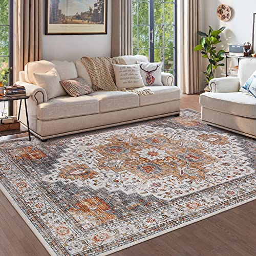 Area Rugs for Living Room: 8x10 Rug for Bedroom Machine Washable with Non Slip Backing Non Shedding, Boho Medallion Floral Large Carpet for Dining Room Nursery Home Office Indoor Decor Grey/Gold