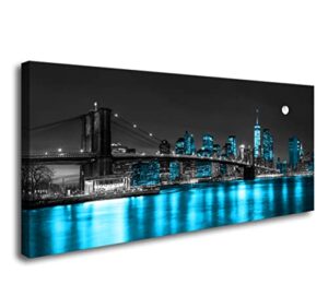 aibonnly wall art canvas painting black white and blue new york brooklyn bridge 1 piece cityscape night building skyline picture poster print framed for living room bedroom kitchen office home decor