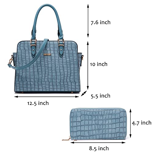 Qiyuer Women Satchel Top Handle Bag Wallet Purse,Purses Work Tote Bags Set 2pcs Blue