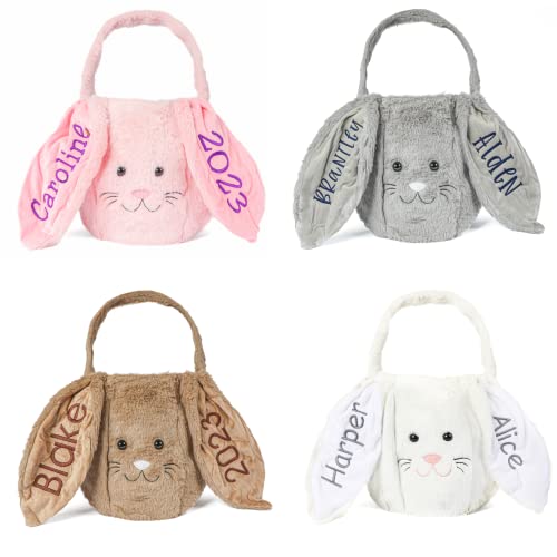 Personalized Easter Candy Basket with Embroidered Name - Custom Bunny Plush Tote Bag Easter Baskets for Kids - Egg Bucket Goodies Bags for Easter - Cute Easter Gift Carrying Buckets- Gray