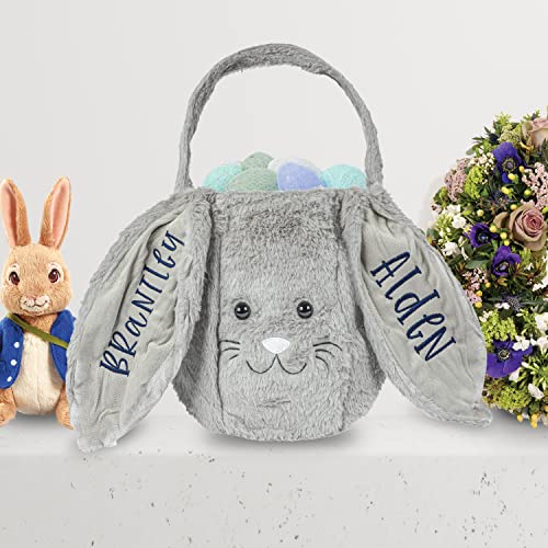 Personalized Easter Candy Basket with Embroidered Name - Custom Bunny Plush Tote Bag Easter Baskets for Kids - Egg Bucket Goodies Bags for Easter - Cute Easter Gift Carrying Buckets- Gray