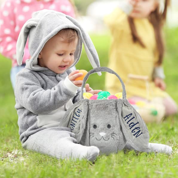 Personalized Easter Candy Basket with Embroidered Name - Custom Bunny Plush Tote Bag Easter Baskets for Kids - Egg Bucket Goodies Bags for Easter - Cute Easter Gift Carrying Buckets- Gray