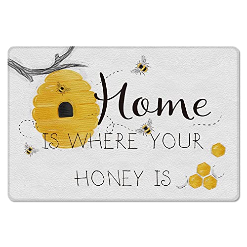 Kitchen Floor Mat Non-Slip Cushioned Rug Home is Where Your Honey is Cute Bee Honey Hive Rug Anti-Fatigue Standing Mat for Home,Office Floor Front Door Mat, 24 x 16 Inch