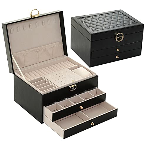 Jewelry Organizer with Synthetic Leather,Jewelry Box For Women,Large Jewelry Box Storage with Lock and Key,Necklace Ring Earring Storage,Lockable Jewelry Gift Boxes(Black)