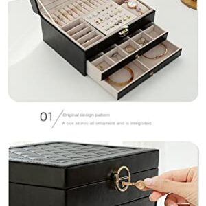 Jewelry Organizer with Synthetic Leather,Jewelry Box For Women,Large Jewelry Box Storage with Lock and Key,Necklace Ring Earring Storage,Lockable Jewelry Gift Boxes(Black)