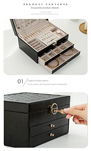 Jewelry Organizer with Synthetic Leather,Jewelry Box For Women,Large Jewelry Box Storage with Lock and Key,Necklace Ring Earring Storage,Lockable Jewelry Gift Boxes(Black)