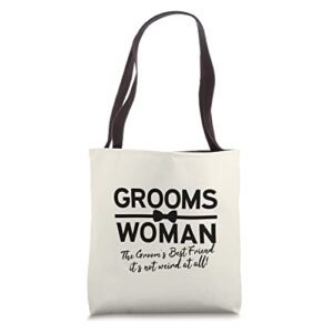 groomswoman best friend of the groom bow tie graphic wedding tote bag