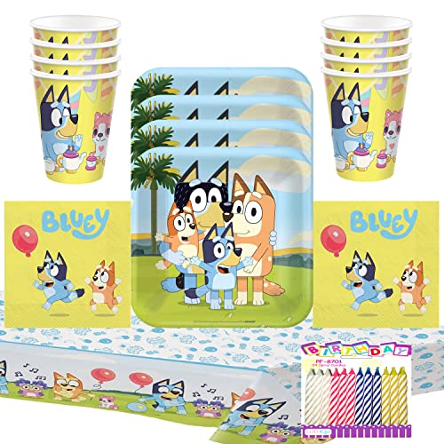 Bluey Party Supplies Pack Serves 16: Bluey Birthday Party Supplies, Bluey Plates, Napkins Cups and Table Cover with Birthday Candles (Bundle for 16)