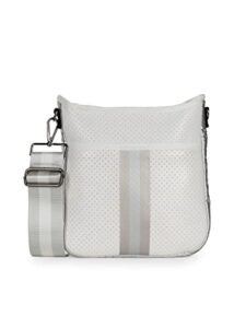 jeri vapor crossbody tote by haute shore, white coated w/silver & rosegold stripe