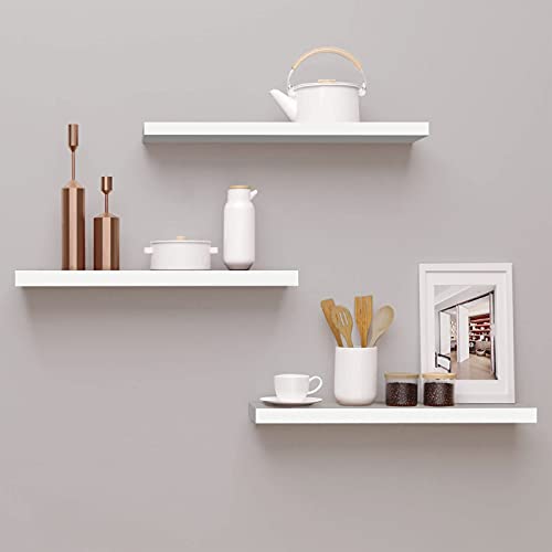 Floating Shelves White Set of 3 Wall Mounted Shelf Modern Home Wall Decorative Storage Organizer Wood Shelves for Bathroom Bedroom,Living Room and Kitchen,White