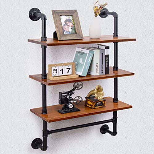 Marsmiles Industrial Pipe Shelves Wall Mounted, 24 Inch Wall Shelves Rustic Farmhouse Bathroom Shelves with Towel Bar and Hooks, 3 Tier Bookshelf Floating Wall Shelves for Kitchen Bar Living Room