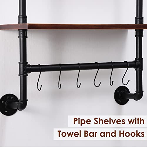 Marsmiles Industrial Pipe Shelves Wall Mounted, 24 Inch Wall Shelves Rustic Farmhouse Bathroom Shelves with Towel Bar and Hooks, 3 Tier Bookshelf Floating Wall Shelves for Kitchen Bar Living Room