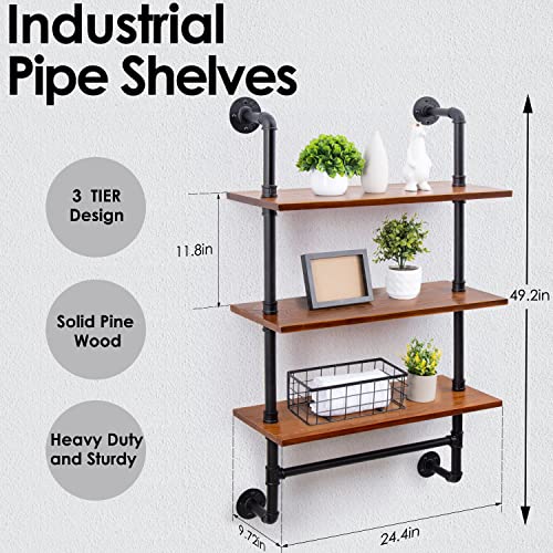 Marsmiles Industrial Pipe Shelves Wall Mounted, 24 Inch Wall Shelves Rustic Farmhouse Bathroom Shelves with Towel Bar and Hooks, 3 Tier Bookshelf Floating Wall Shelves for Kitchen Bar Living Room