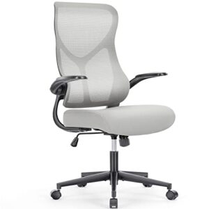 smug ergonomic desk flip-up arms, breathable mesh computer lumbar support, height adjustable high back swivel rolling chair for home, office, study, conference, grey