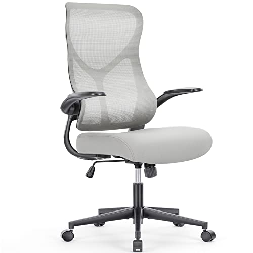 SMUG Ergonomic Desk Flip-up Arms, Breathable Mesh Computer Lumbar Support, Height Adjustable High Back Swivel Rolling Chair for Home, Office, Study, Conference, Grey