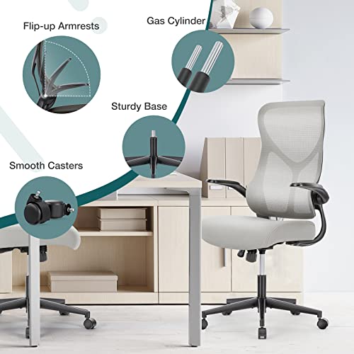 SMUG Ergonomic Desk Flip-up Arms, Breathable Mesh Computer Lumbar Support, Height Adjustable High Back Swivel Rolling Chair for Home, Office, Study, Conference, Grey