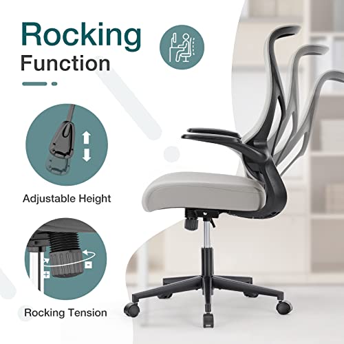 SMUG Ergonomic Desk Flip-up Arms, Breathable Mesh Computer Lumbar Support, Height Adjustable High Back Swivel Rolling Chair for Home, Office, Study, Conference, Grey