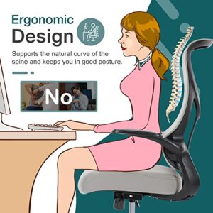 SMUG Ergonomic Desk Flip-up Arms, Breathable Mesh Computer Lumbar Support, Height Adjustable High Back Swivel Rolling Chair for Home, Office, Study, Conference, Grey