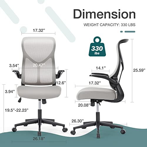 SMUG Ergonomic Desk Flip-up Arms, Breathable Mesh Computer Lumbar Support, Height Adjustable High Back Swivel Rolling Chair for Home, Office, Study, Conference, Grey