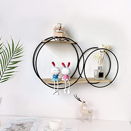 Fonzci 2 in 1 Round Wood Shelf, Unique Metal Geometric Wall Shelves Strong Load Bearing Capacity Black Round Floating Shelves, Hanging Storage Wall Decoration