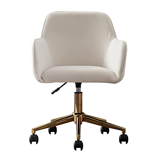 Modern Velvet Home Office Chair, Upholstered Cute Desk Chair with Gold Metal Legs, Adjustable Swivel Task Chair with Wheels, Vanity Chair for Girls Women Small Space Bedroom Study Makeup, Ivory White