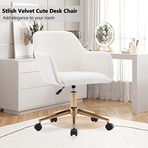 Modern Velvet Home Office Chair, Upholstered Cute Desk Chair with Gold Metal Legs, Adjustable Swivel Task Chair with Wheels, Vanity Chair for Girls Women Small Space Bedroom Study Makeup, Ivory White