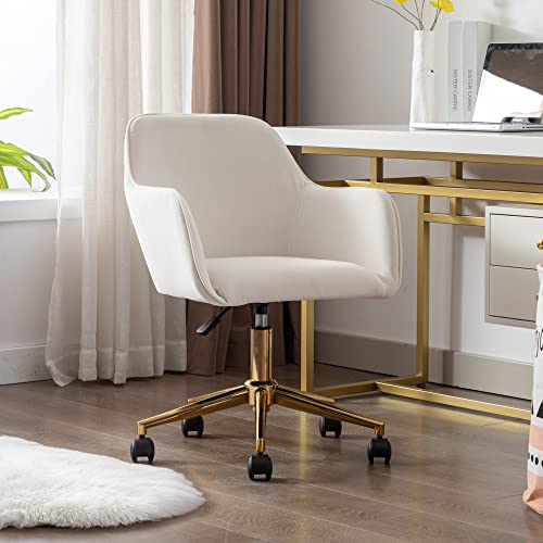 Modern Velvet Home Office Chair, Upholstered Cute Desk Chair with Gold Metal Legs, Adjustable Swivel Task Chair with Wheels, Vanity Chair for Girls Women Small Space Bedroom Study Makeup, Ivory White