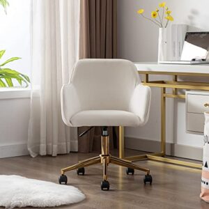 Modern Velvet Home Office Chair, Upholstered Cute Desk Chair with Gold Metal Legs, Adjustable Swivel Task Chair with Wheels, Vanity Chair for Girls Women Small Space Bedroom Study Makeup, Ivory White