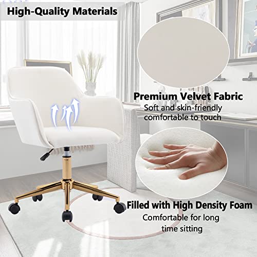 Modern Velvet Home Office Chair, Upholstered Cute Desk Chair with Gold Metal Legs, Adjustable Swivel Task Chair with Wheels, Vanity Chair for Girls Women Small Space Bedroom Study Makeup, Ivory White