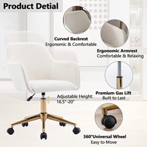 Modern Velvet Home Office Chair, Upholstered Cute Desk Chair with Gold Metal Legs, Adjustable Swivel Task Chair with Wheels, Vanity Chair for Girls Women Small Space Bedroom Study Makeup, Ivory White