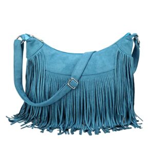 vintage tassel crossbody bag premium vegan suede saddle purse fringe shoulder bag for women girls (turquoise)