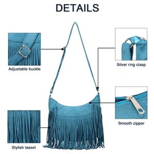 Vintage Tassel Crossbody Bag Premium Vegan Suede Saddle Purse Fringe Shoulder Bag for Women Girls (Turquoise)