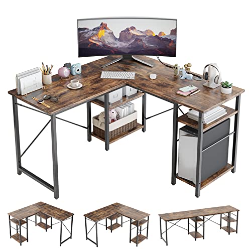 Bestier L Shaped Desk with Shelves 75 Inch Reversible Corner Computer Desk or 2 Person Long Table, Writing Study Desk for Home Office Small Space Bedroom Apartment, Rustic Brown