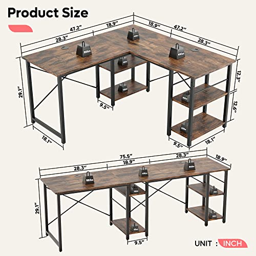 Bestier L Shaped Desk with Shelves 75 Inch Reversible Corner Computer Desk or 2 Person Long Table, Writing Study Desk for Home Office Small Space Bedroom Apartment, Rustic Brown