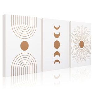 boho wall art set of 3 decor. ready to hang framed sun and moon phase canvas prints for bedroom living room bathroom office. minimalist mid century modern decor bohemian large 12″x16″