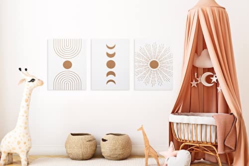 Boho Wall Art Set Of 3 Decor. Ready To Hang Framed Sun and Moon Phase Canvas Prints For Bedroom Living Room Bathroom Office. Minimalist Mid Century Modern Decor Bohemian Large 12"x16"