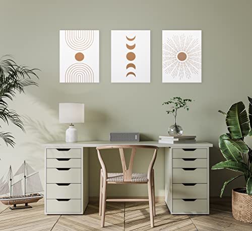 Boho Wall Art Set Of 3 Decor. Ready To Hang Framed Sun and Moon Phase Canvas Prints For Bedroom Living Room Bathroom Office. Minimalist Mid Century Modern Decor Bohemian Large 12"x16"