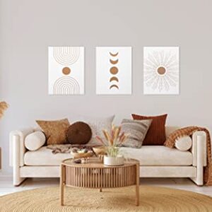 Boho Wall Art Set Of 3 Decor. Ready To Hang Framed Sun and Moon Phase Canvas Prints For Bedroom Living Room Bathroom Office. Minimalist Mid Century Modern Decor Bohemian Large 12"x16"