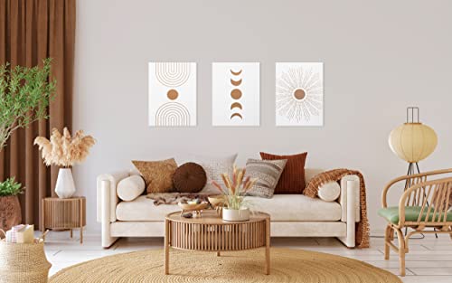 Boho Wall Art Set Of 3 Decor. Ready To Hang Framed Sun and Moon Phase Canvas Prints For Bedroom Living Room Bathroom Office. Minimalist Mid Century Modern Decor Bohemian Large 12"x16"