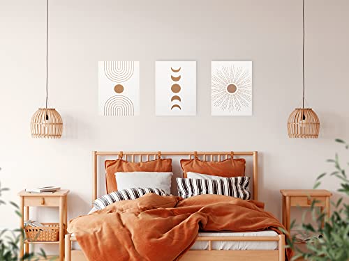 Boho Wall Art Set Of 3 Decor. Ready To Hang Framed Sun and Moon Phase Canvas Prints For Bedroom Living Room Bathroom Office. Minimalist Mid Century Modern Decor Bohemian Large 12"x16"